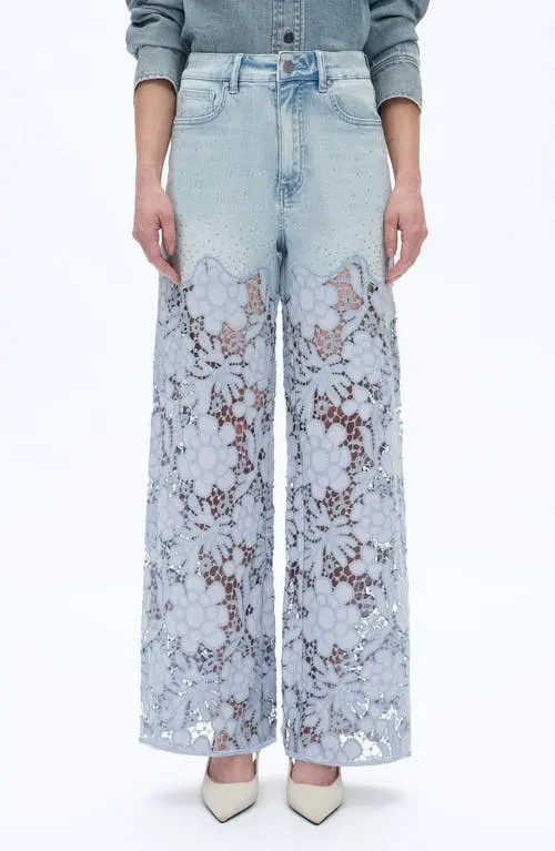 BAYEAS Crystal Embellished Lace Wide-leg Jeans - Light Blue