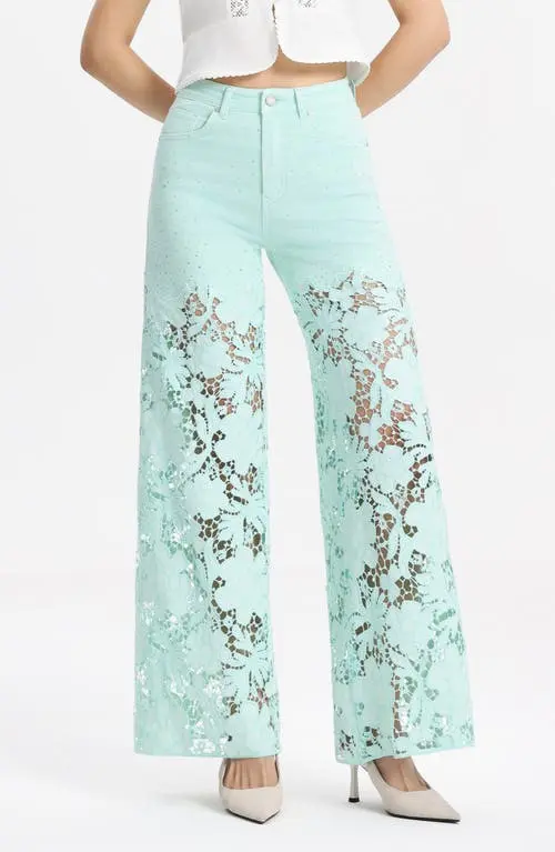 BAYEAS Crystal Embellished Lace Wide-leg Jeans - Mint Green