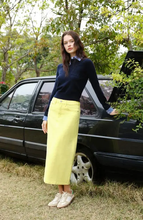 BAYEAS Slit Hem Denim Midi Skirt - Lemon