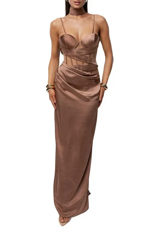JLUXLABEL Satin Maxi Cocktail Dress - Brown