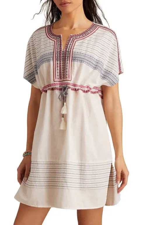 Lucky Brand Embroidered Drawstring Waist Cotton Sundress - Cream And Navy Jacquard