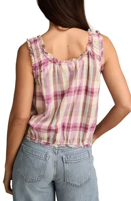 Lucky Brand Ruffle Tie-neck Cotton Top - Purple Plaid