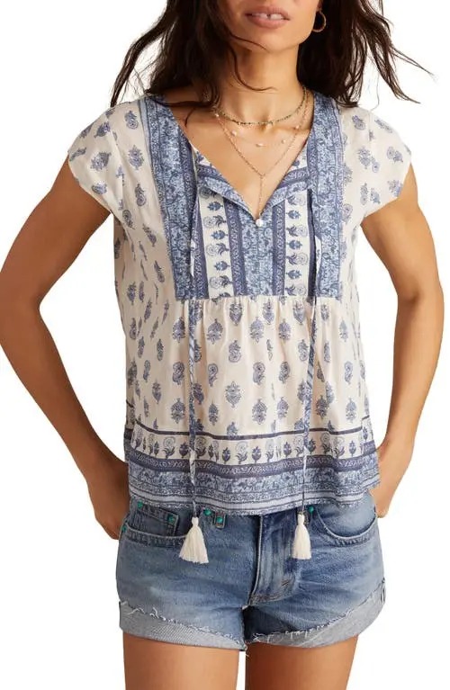 Lucky Brand Printed Split Neck Cotton Top - Blue Multi