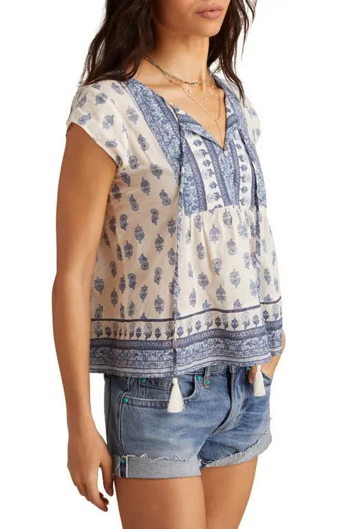 Lucky Brand Printed Split Neck Cotton Top - Blue Multi