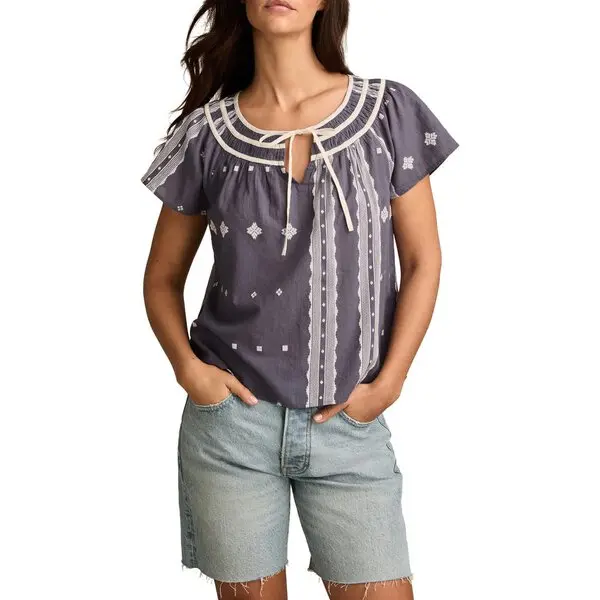 Lucky Brand Embroidered Cotton Peasant Top