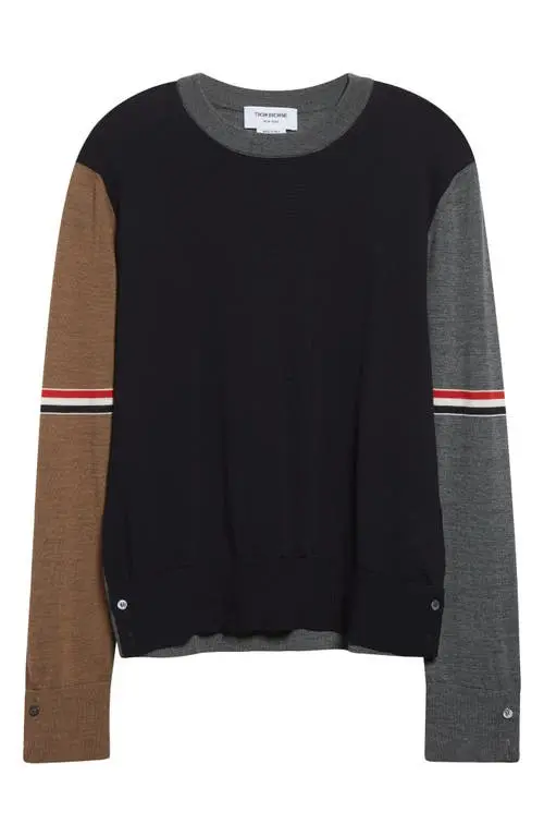 Thom Browne Relaxed Colorblock Virgin Wool Crewneck Sweater - Navy/grey/brown