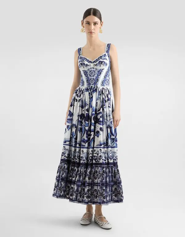 Dolce & Gabbana Calf-length Bustier Dress In Majolica-print