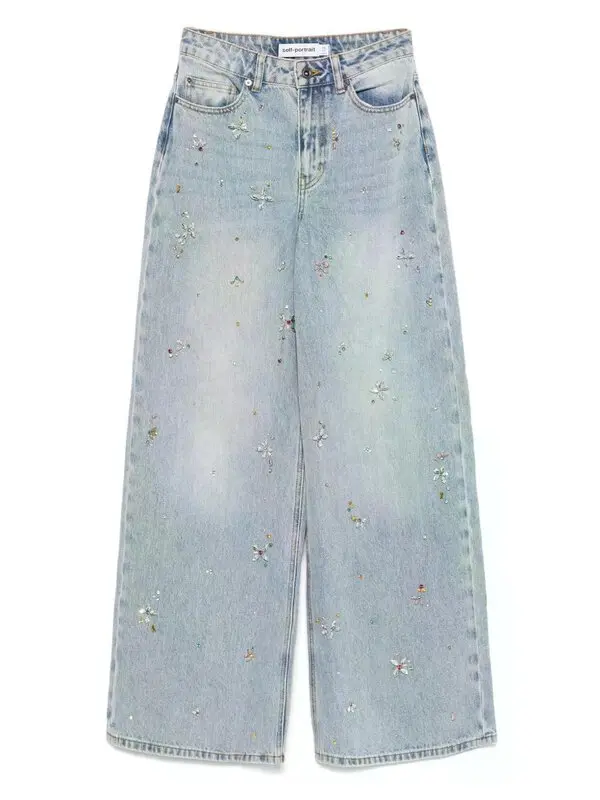 SELF-PORTRAIT Crystal-embellished Wide-leg Jeans