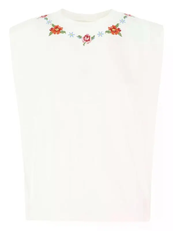 Farm Rio Embroidered Padded-shoulder Top - Neutrals