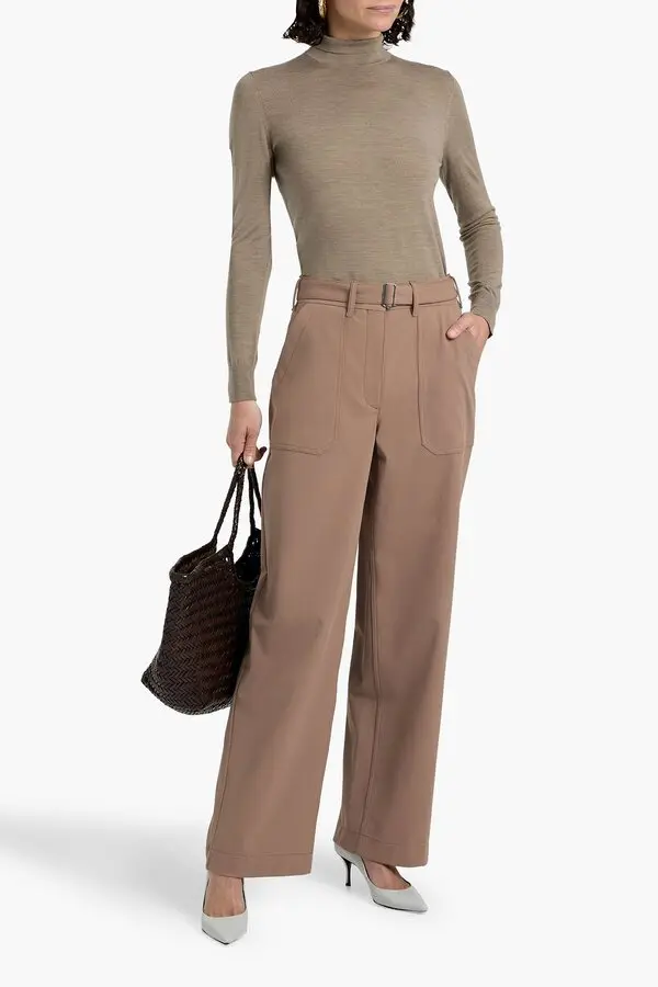 Theory Belted Cotton-blend Twill Wide-leg Pants - Taupe