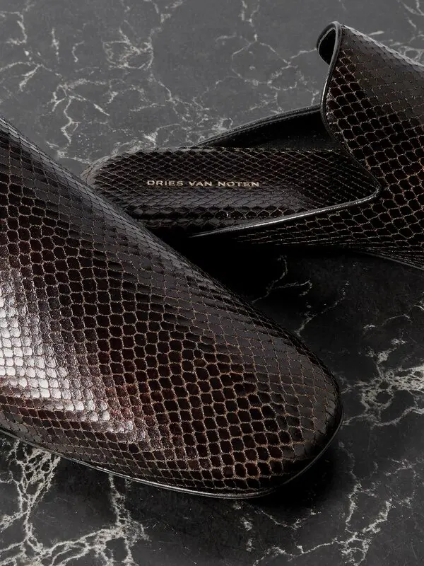 Dries Van Noten Snake-effect Leather Mules - Brown