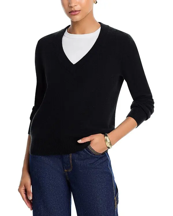 Aqua 100% Cashmere V-neck Sweater - Black