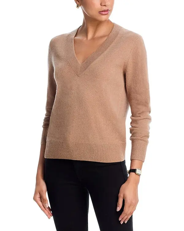 Aqua 100% Cashmere V-neck Sweater - Camel