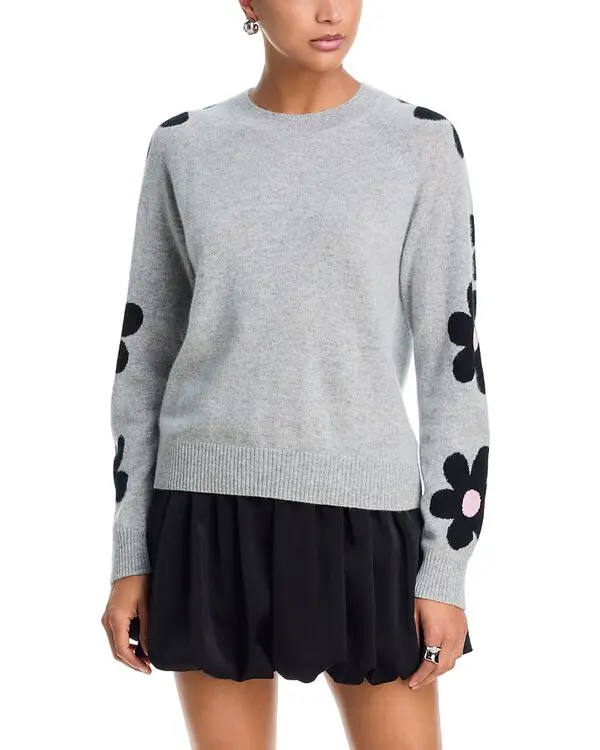 Aqua Floral Sleeve Cashmere Sweater - Light Grey Multi