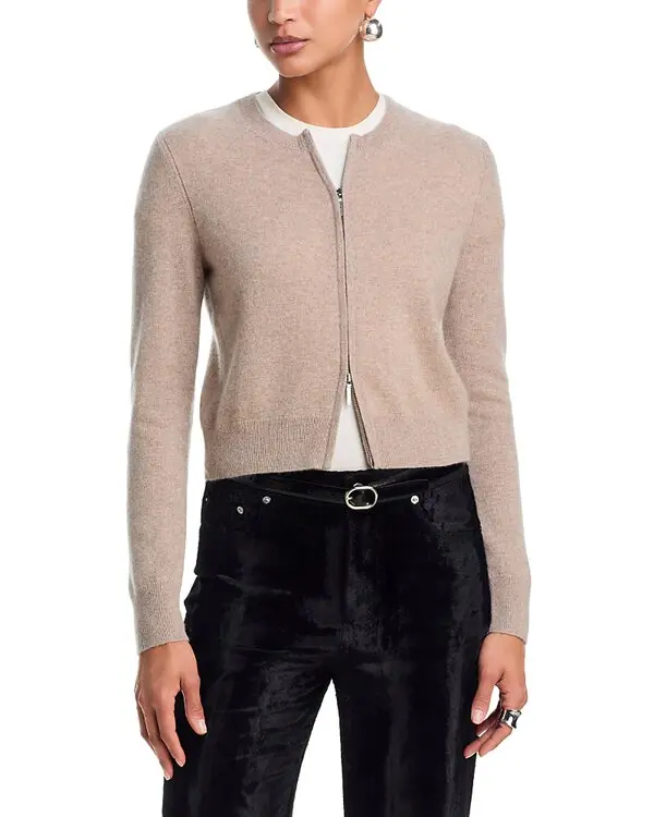 Aqua 100% Cashmere Full Zip Crewneck Cardigan - Wheat