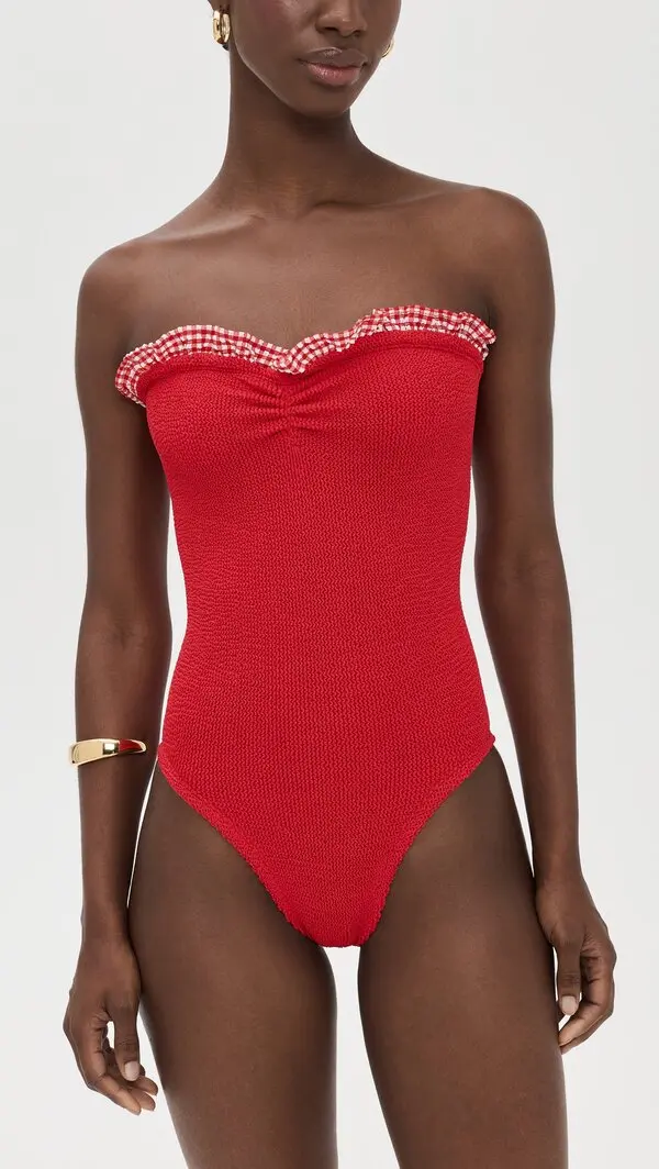Hunza G Smocked Gingham Ruffle One Piece Swimsuit - Red/red