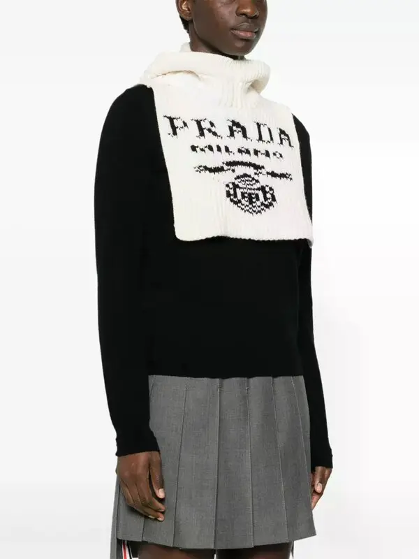 Prada Intarsia-Knit Logo Neck Warmer - Neutrals | Editorialist