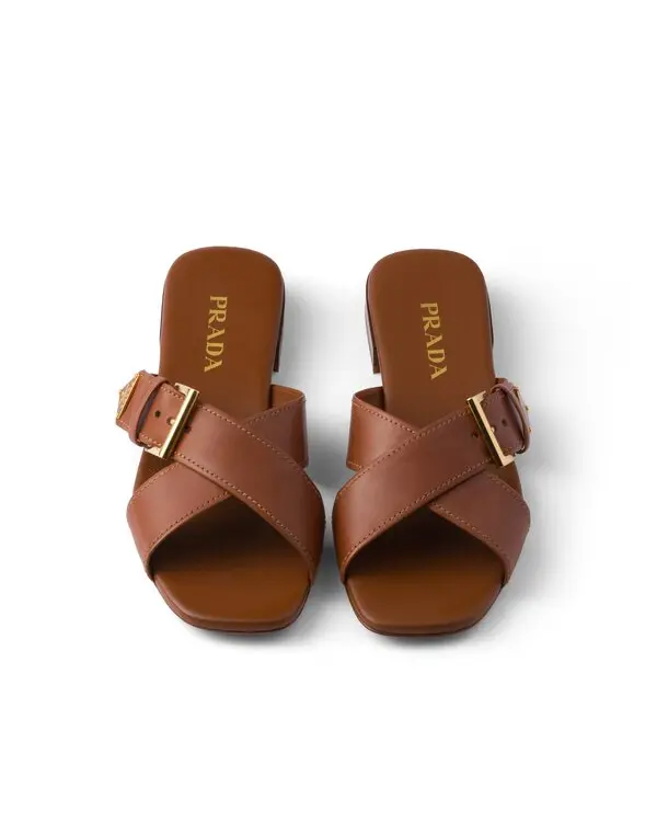 Prada Leather Crisscross Slides With Buckle - Brown