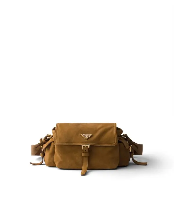 Prada Suede Shoulder Bag With Logo - Brown