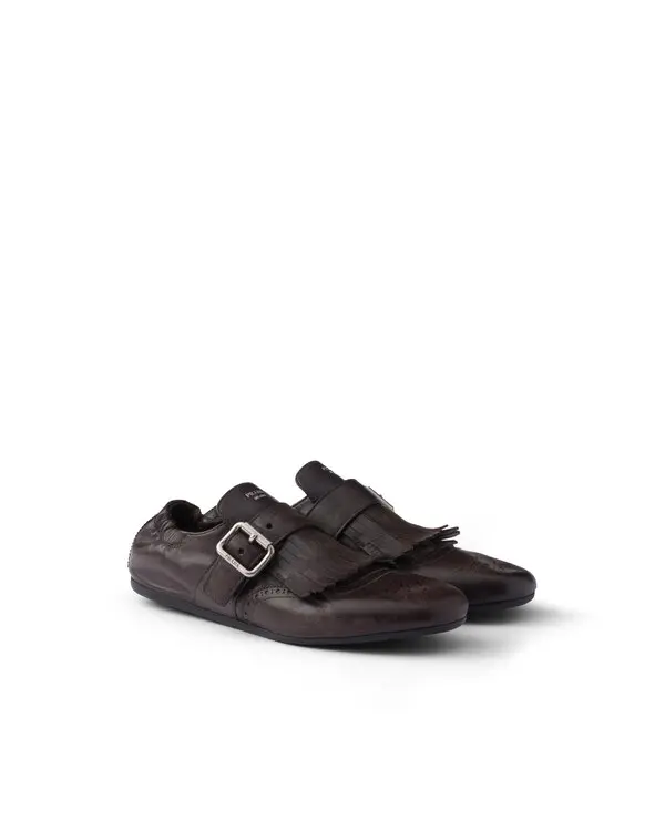 Prada Shuffle Leather Loafers With Buckle - Brown
