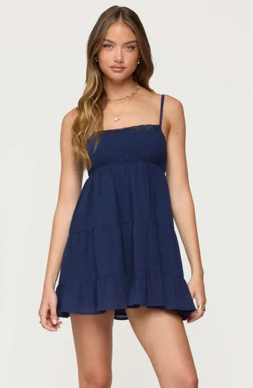 EDIKTED Calley Smocked Babydoll Mini Dress - Navy