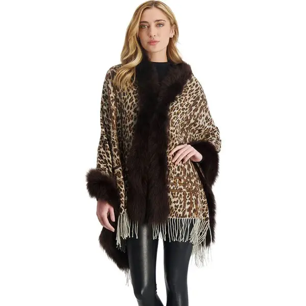 Gorski Cashmere Stole With Genuine Shearling - Brown Animal Print/houndsooth