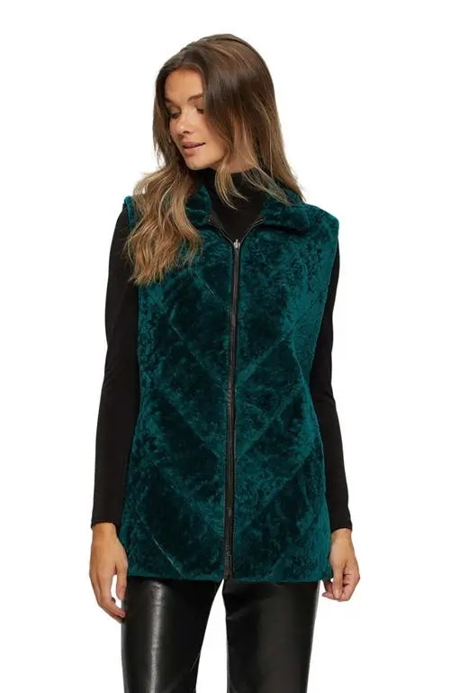 Gorski Reversible Chevron Genuine Shearling Vest - Emerald/black