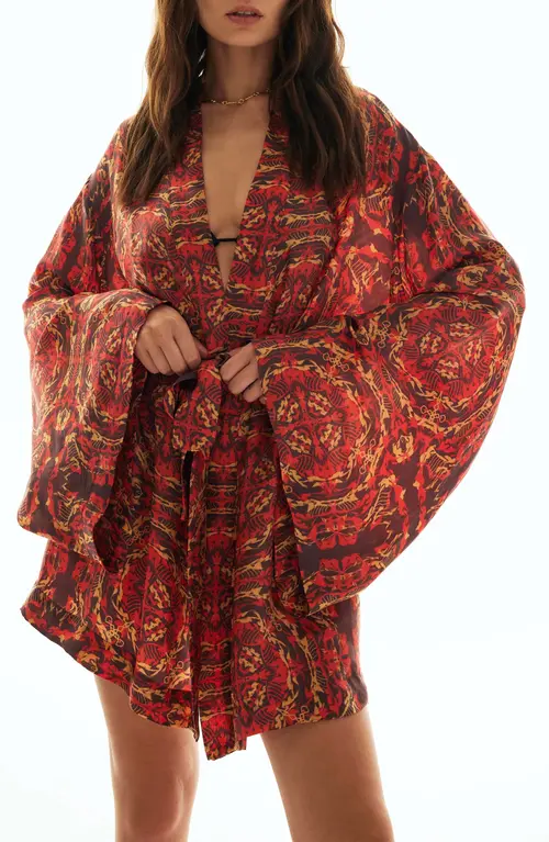 JE TE VEUX Printed Kimono With Tie Waist - Red/brown