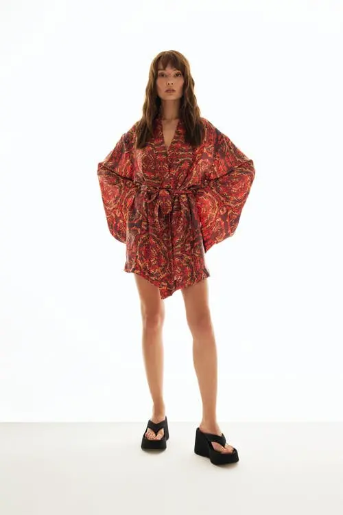 JE TE VEUX Abstract Print Habotai Silk Caftan