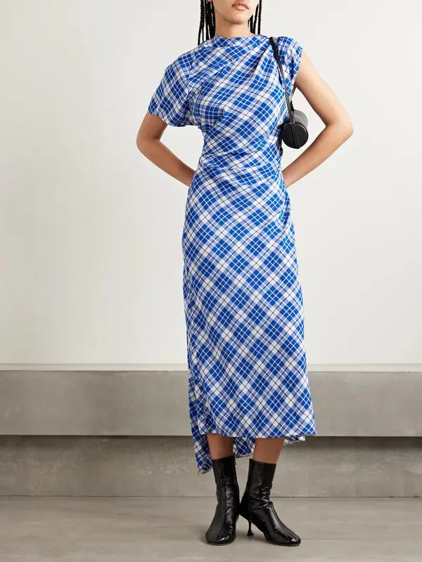 Proenza Schouler Hallie Ruched Checked Twill Midi Dress - Blue - 60% Off |  Editorialist
