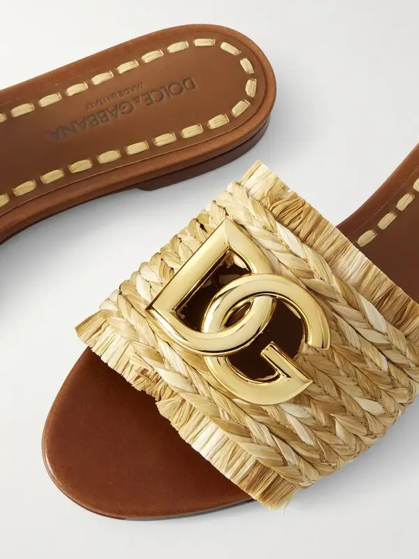 Dolce & Gabbana Embellished Braided Raffia Slides - Neutrals
