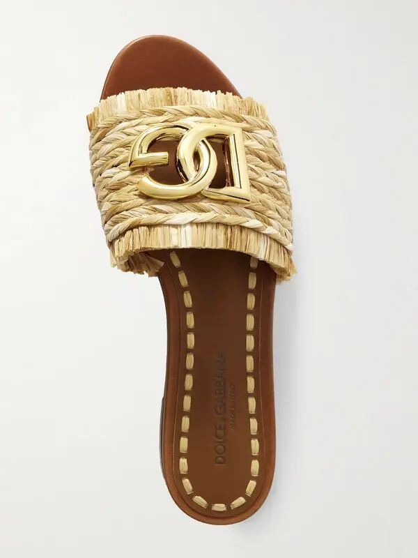 Dolce & Gabbana Embellished Braided Raffia Slides - Neutrals