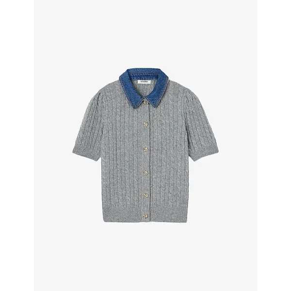 Sandro Wool And Cashmere-blend Cardigan With Denim Collar - Grey
