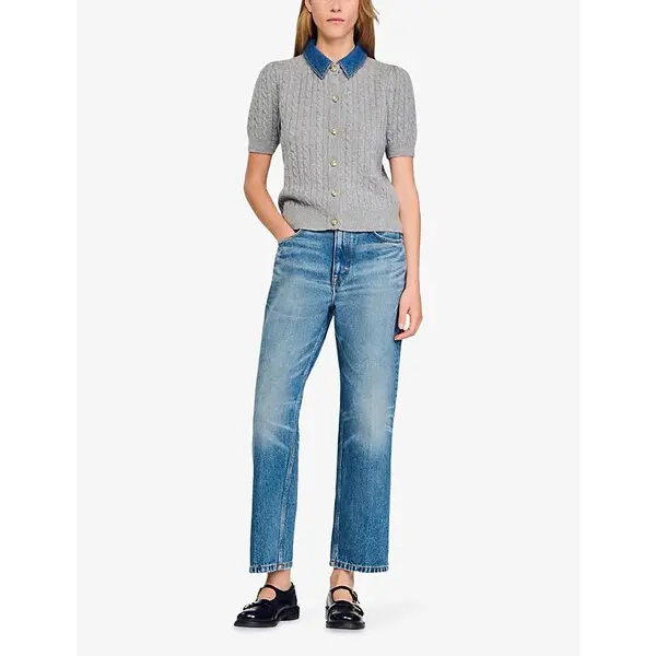 Sandro Wool And Cashmere-blend Cardigan With Denim Collar - Grey