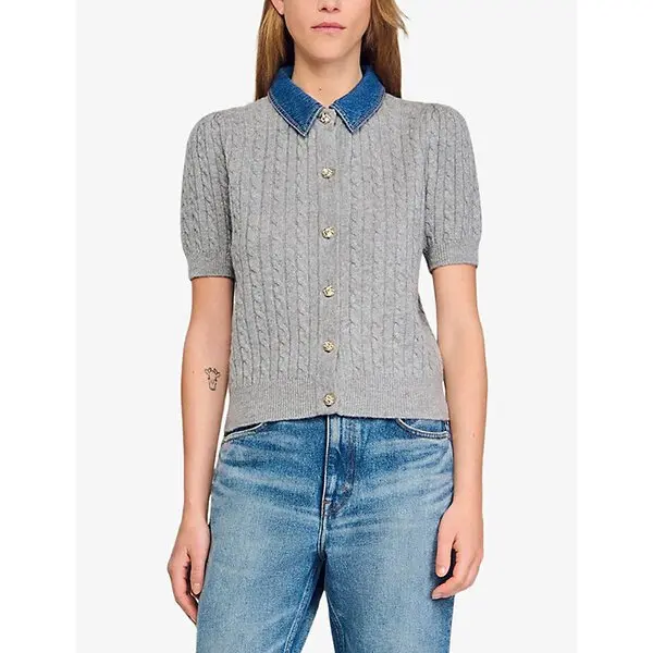 Sandro Wool And Cashmere-blend Cardigan With Denim Collar - Grey