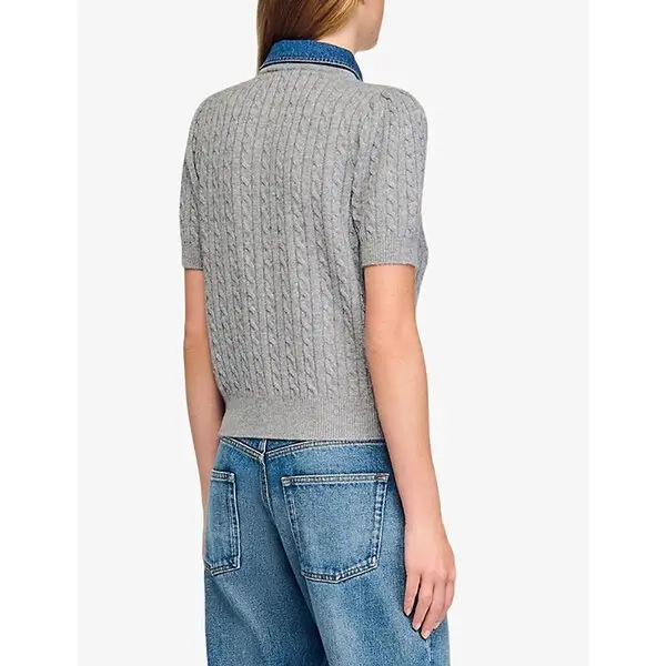 Sandro Wool And Cashmere-blend Cardigan With Denim Collar - Grey