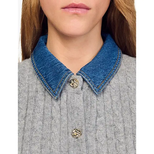 Sandro Wool And Cashmere-blend Cardigan With Denim Collar - Grey