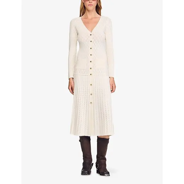 Sandro Long-Sleeve Flared Open-Knit Maxi Dress - Ecru | Editorialist