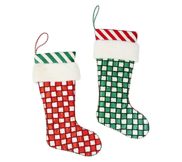 MACKENZIE-CHILDS Check It Out Red & Green Stock Ings Set Of 2 - One-color