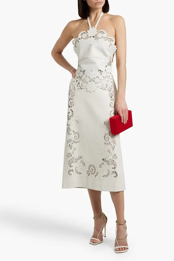 Oscar De La Renta Laser-Cut Leather Midi Skirt In Off-White 60