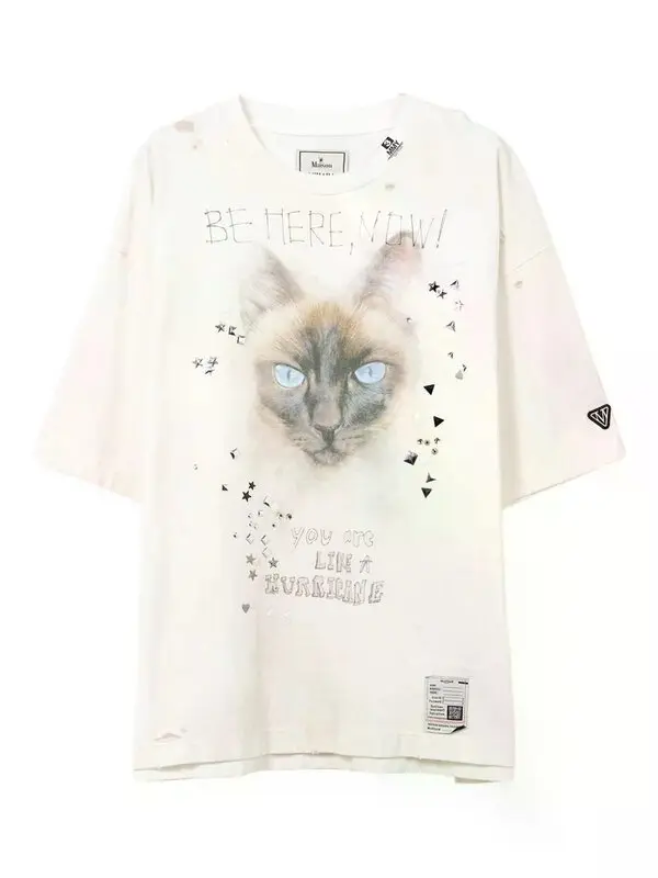 Mihara Yasuhiro Cat-print Distressed T-shirt - White