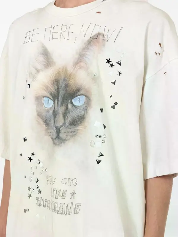 Mihara Yasuhiro Cat-print Distressed T-shirt - White