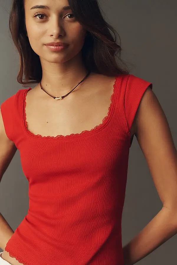 Maeve Lace-trim Cap-sleeve Top - True Red