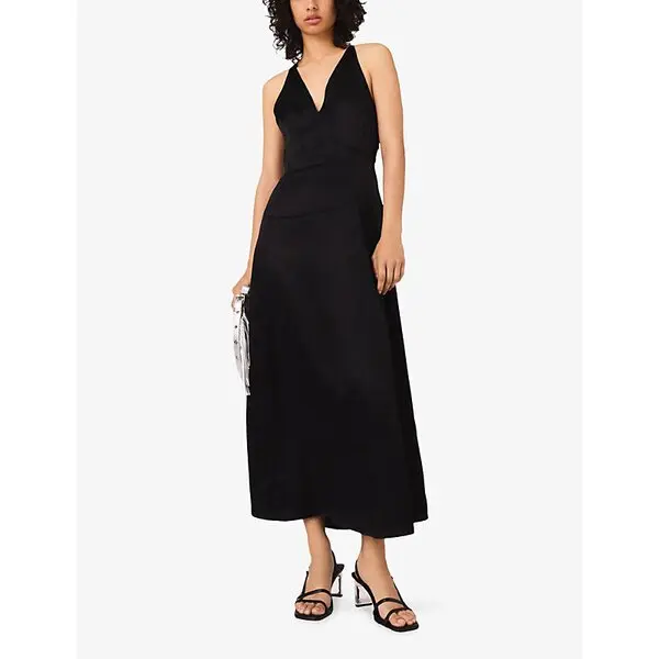 Maje V-neck Braided-back Satin Maxi Dress
