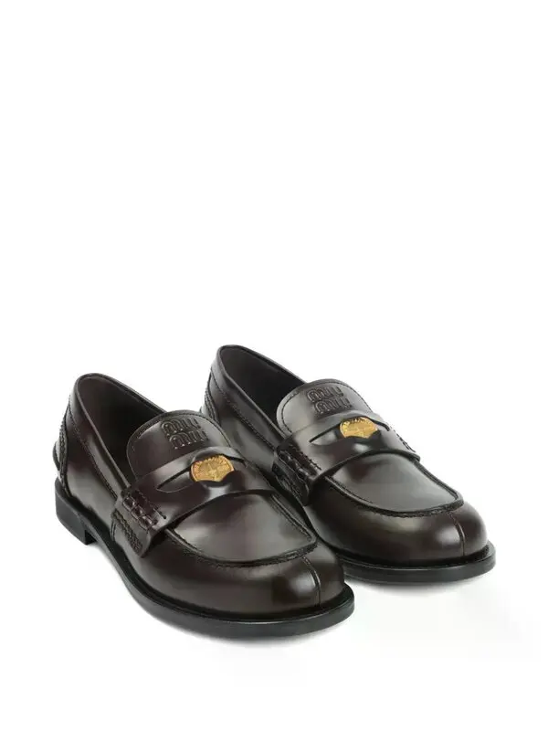 Miu Miu Brushed Leather Penny Loafers With Metal Ornament - Brown