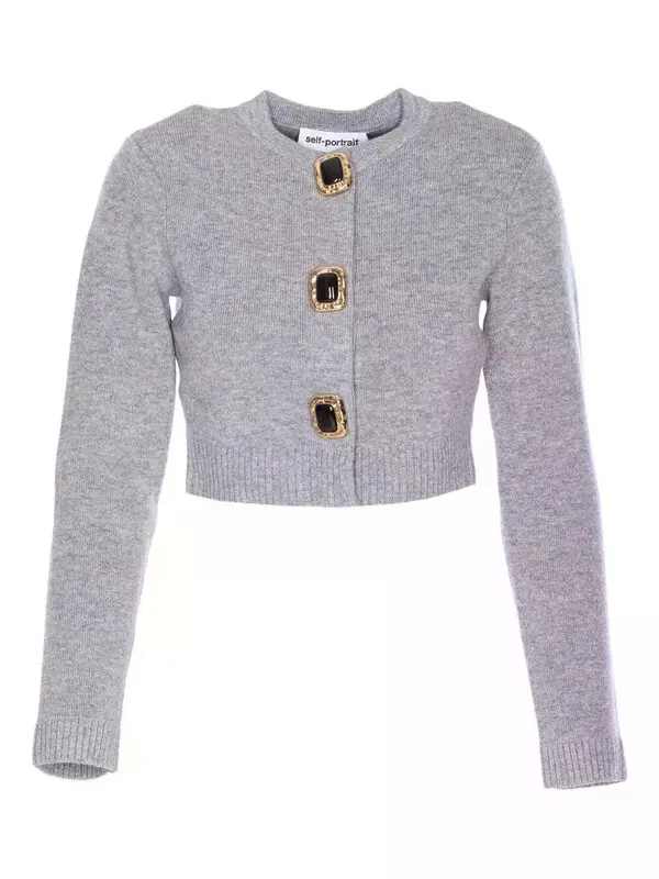 SELF-PORTRAIT Jeweled-button Wool Cardigan - Grey