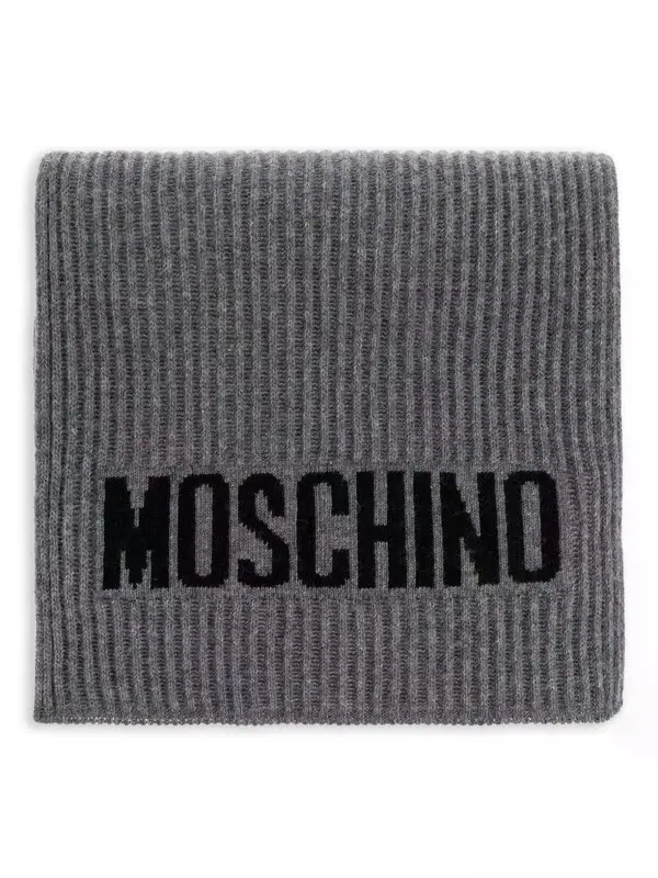 Moschino Intarsia Knit Logo Ribbed Scarf - Grey