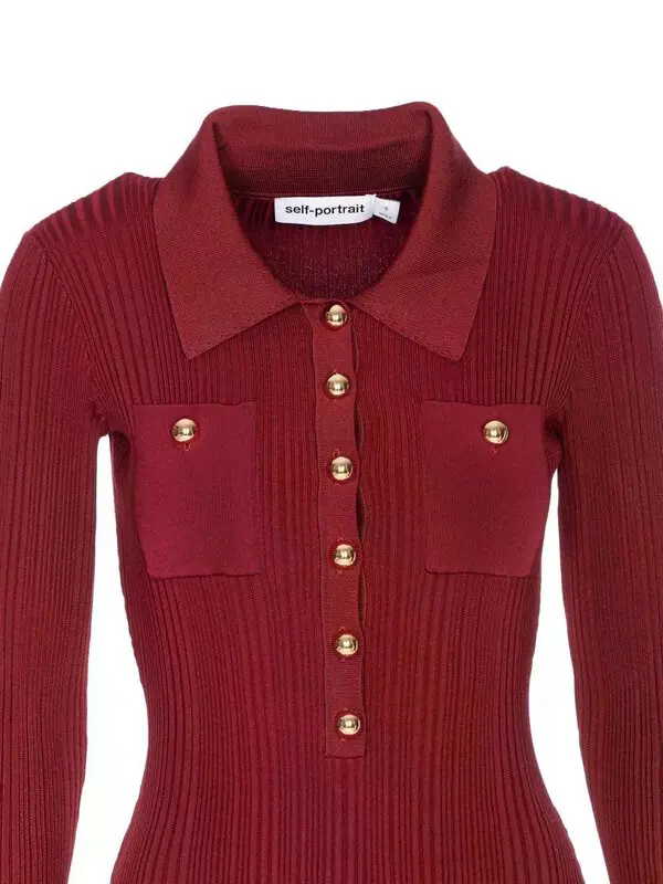 SELF-PORTRAIT Ribbed Button-front Dress - Red