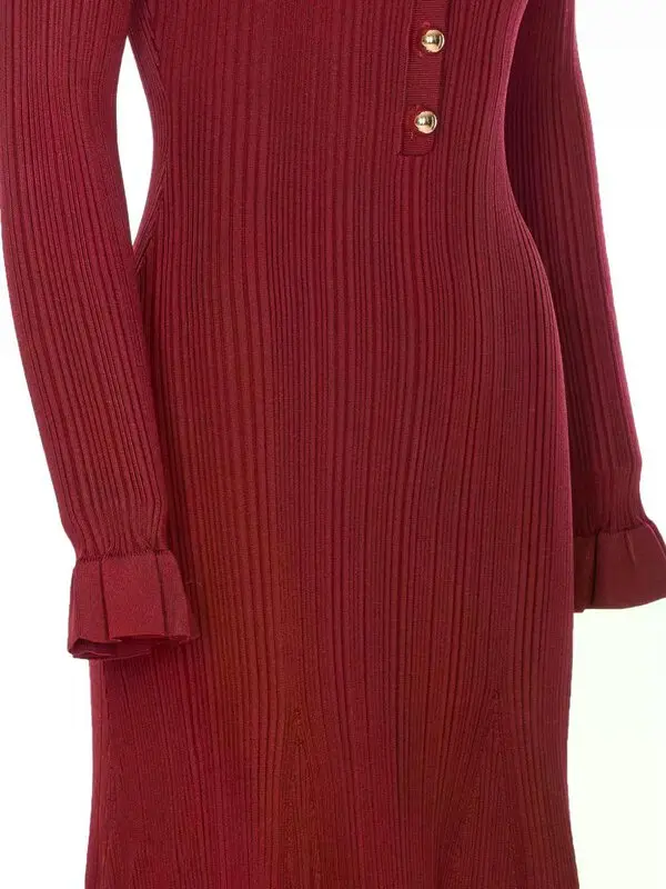 SELF-PORTRAIT Ribbed Button-front Dress - Red