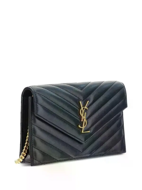 Saint Laurent Lambskin Chevron Quilted Envelope Chain Wallet - Black